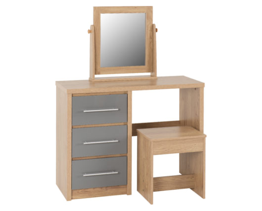 Santos 3 Drawer Dressing Table Set - Grey High Gloss/Light Oak Effect ...
